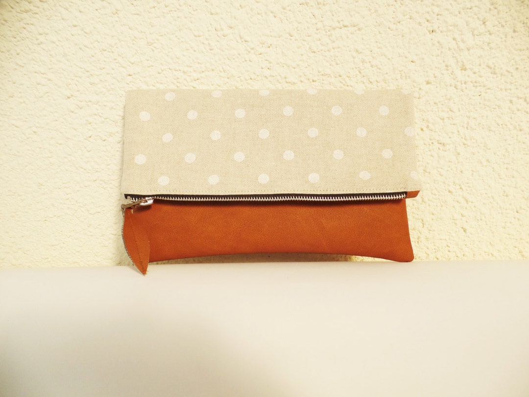Leather and Canvas Clutch, Polka Dot Clutch, Cotton and Leather Clutch ...