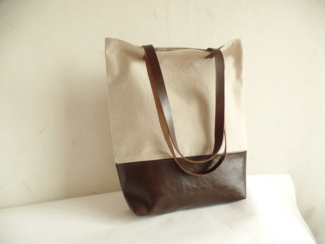 Leather and Linen Tote Bag Color Block Tote Bag Casual Tote - Etsy