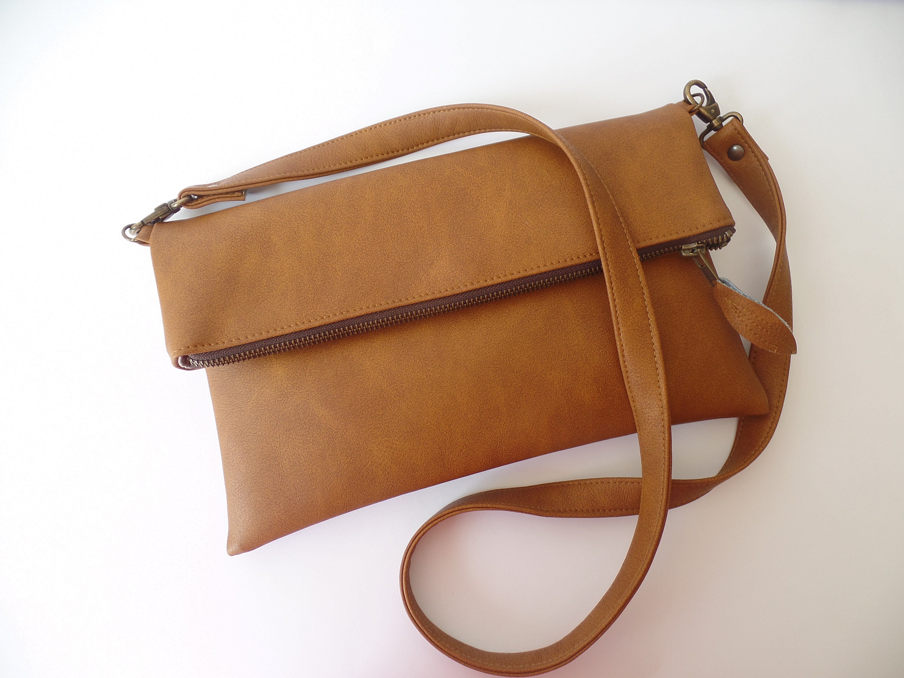 Cognac Brown Vegan Leather Foldover Crossbody Bag - Etsy