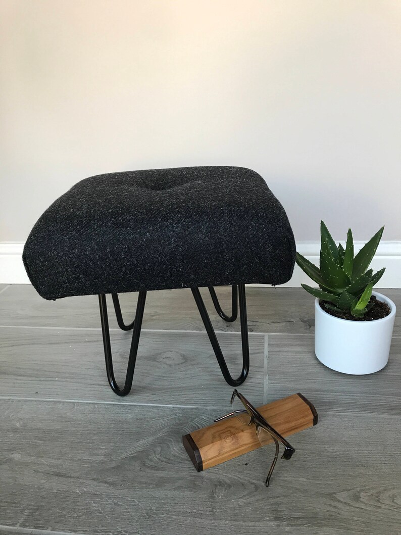 Dark Charcoal Harris Tweed Footstool With Black Hairpin Legs - Etsy