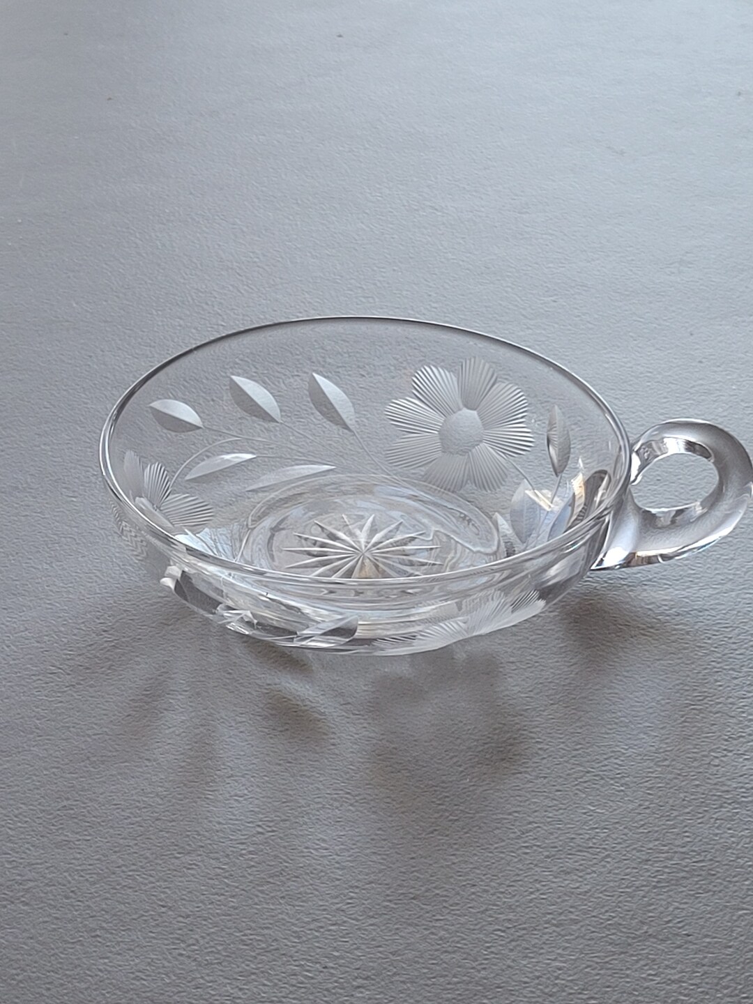 Vintage Floral Etched Cut Glass Dish With Single Finger Handle - Etsy