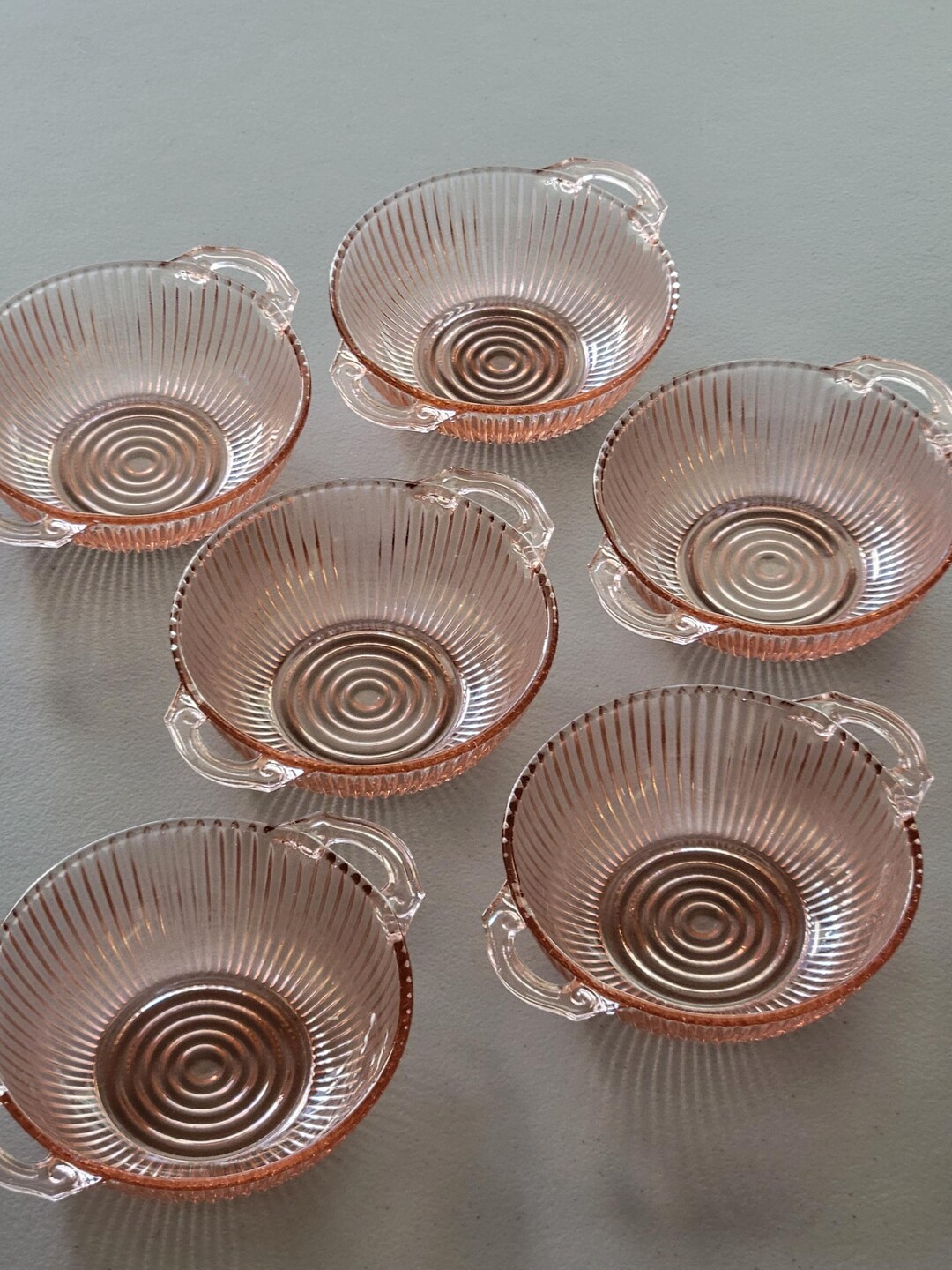 Pink Depression Glass Set of 6 Fruit Bowls Fine Rib Handled Spiral ...