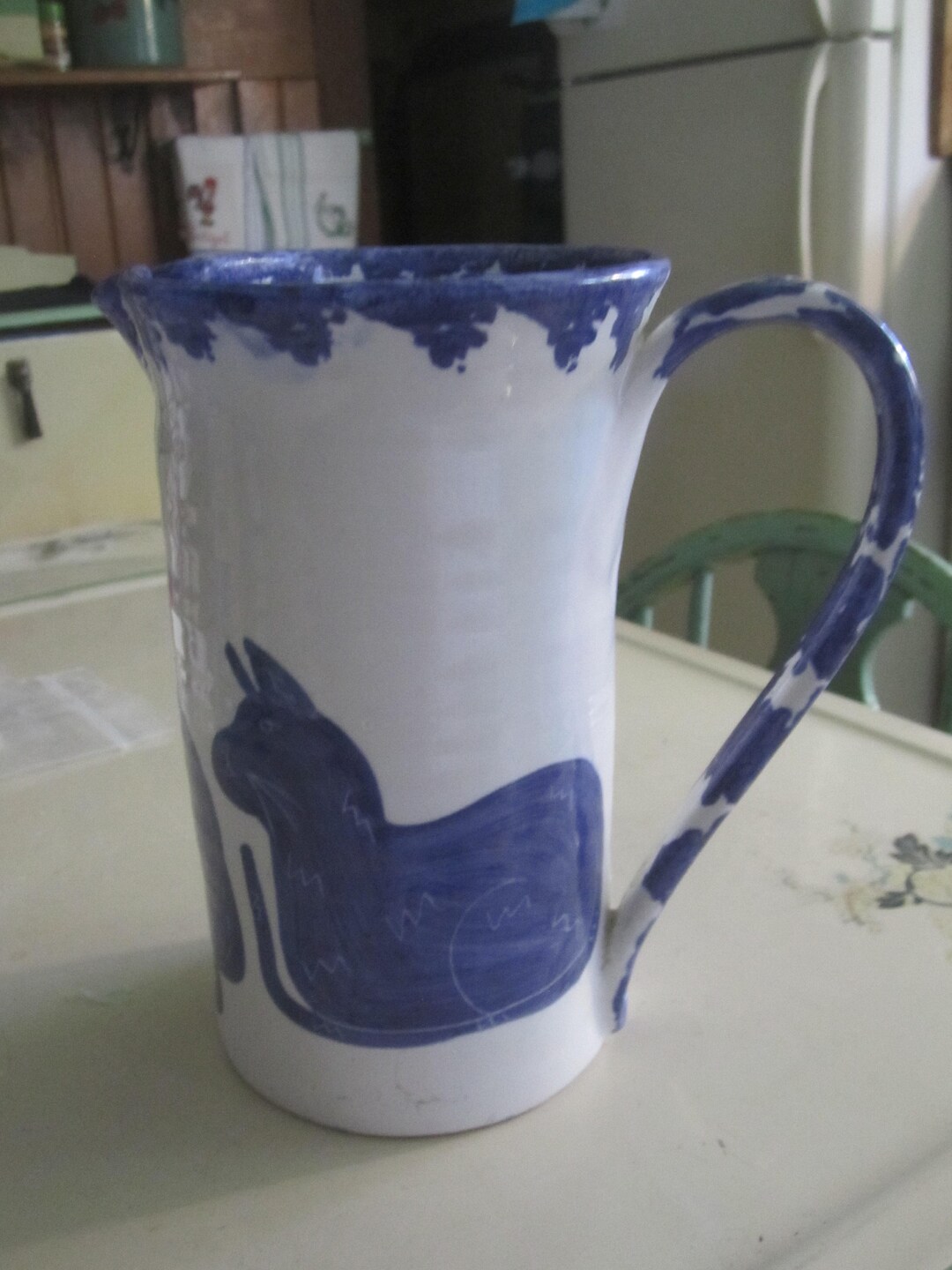 Shard Pottery Pitcher With Cat Design Sponge Painted Pitcher Milk ...