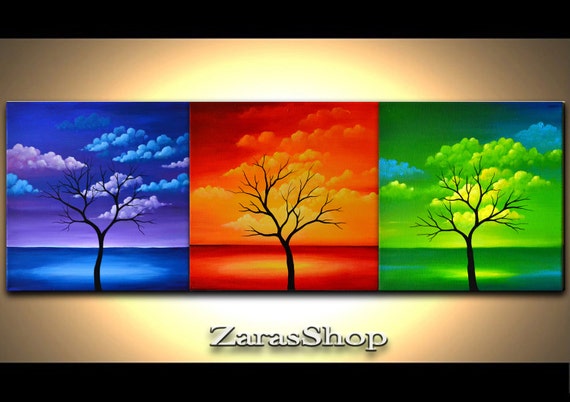 Set of 3 Abstract Tree Painting Blue Green Red Landscape Art - Etsy