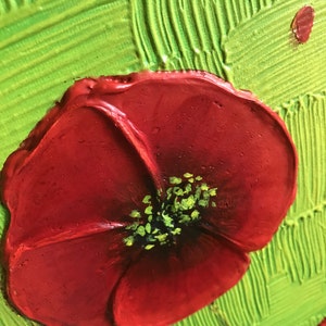 Round Canvas Art, Impasto Painting, Red Poppies Art, Green Abstract ...