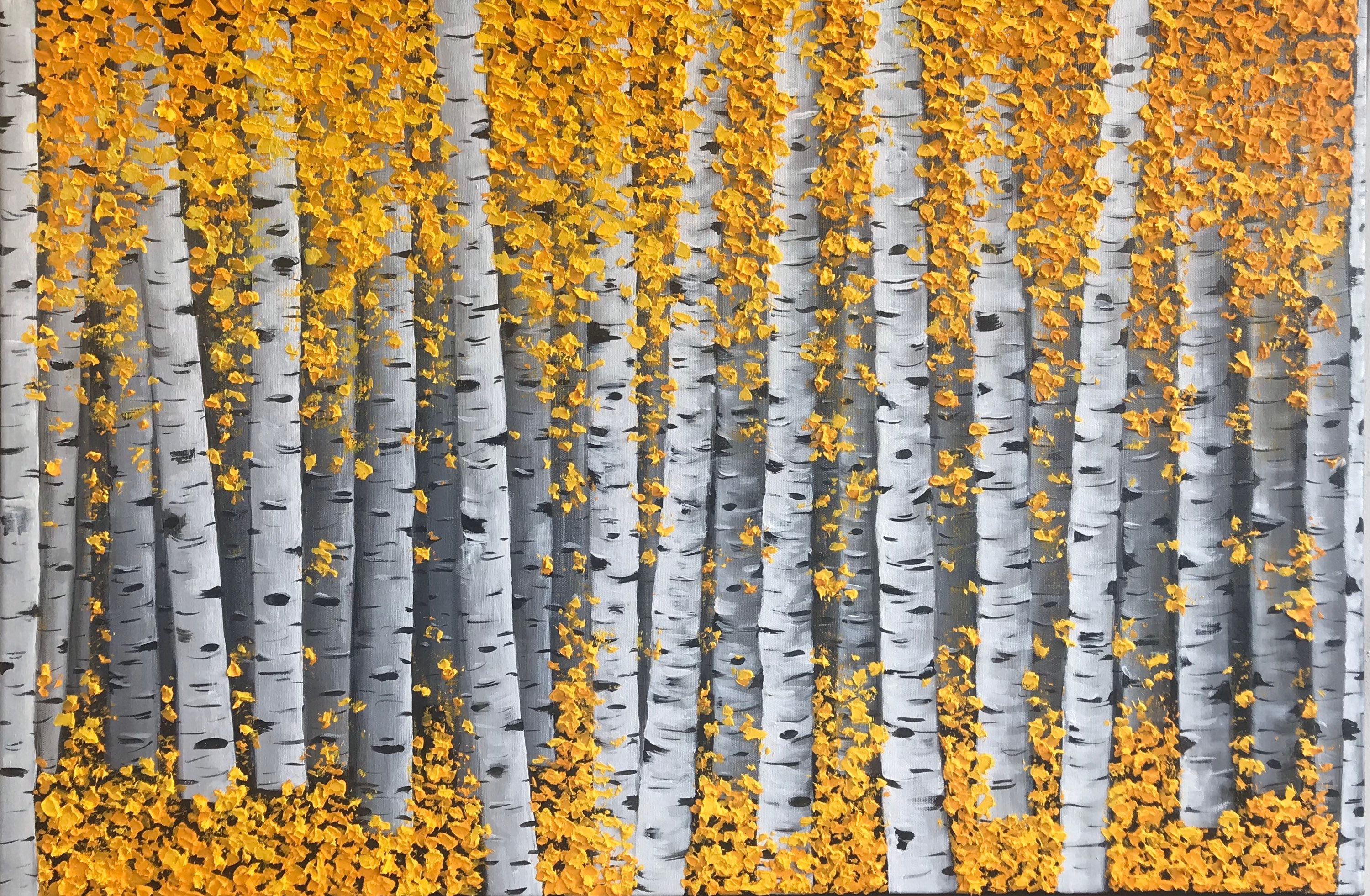 Large original yellow birch tree abstract painting aspen | Etsy