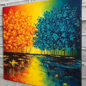 Colorful Abstract Art Yellow Blue Tree Painting Contemporary - Etsy