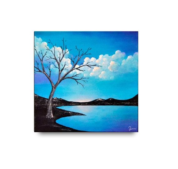 Abstract tree painting blue landscape seascape art work small | Etsy