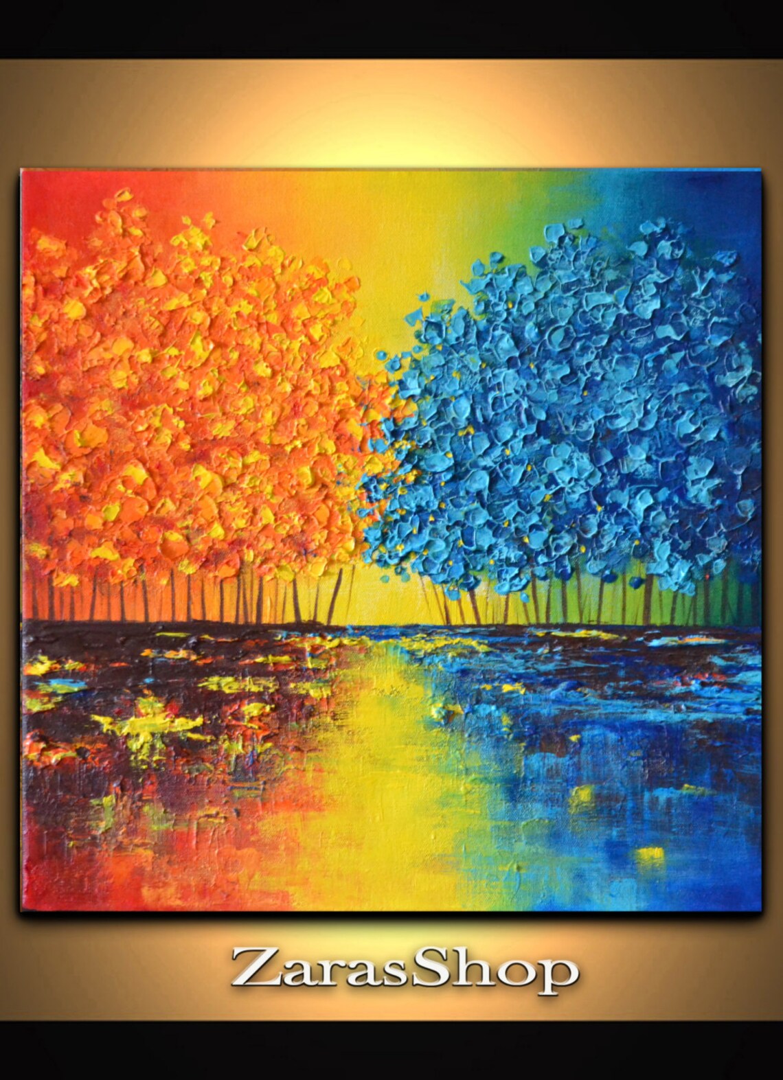 Colorful Abstract Art Yellow Blue Tree Painting Contemporary | Etsy