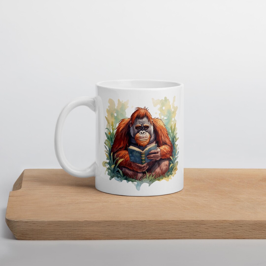 Orangutan Reading a Book - Watercolor and Ink Print - White Glossy Mug ...