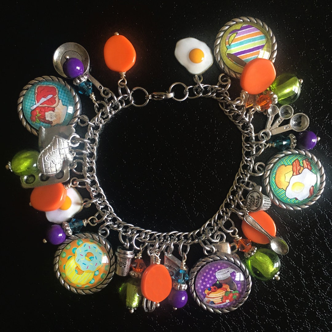 Breakfast Food Charm Bracelet, Donut Charm Bracelet, Coffee Charm ...
