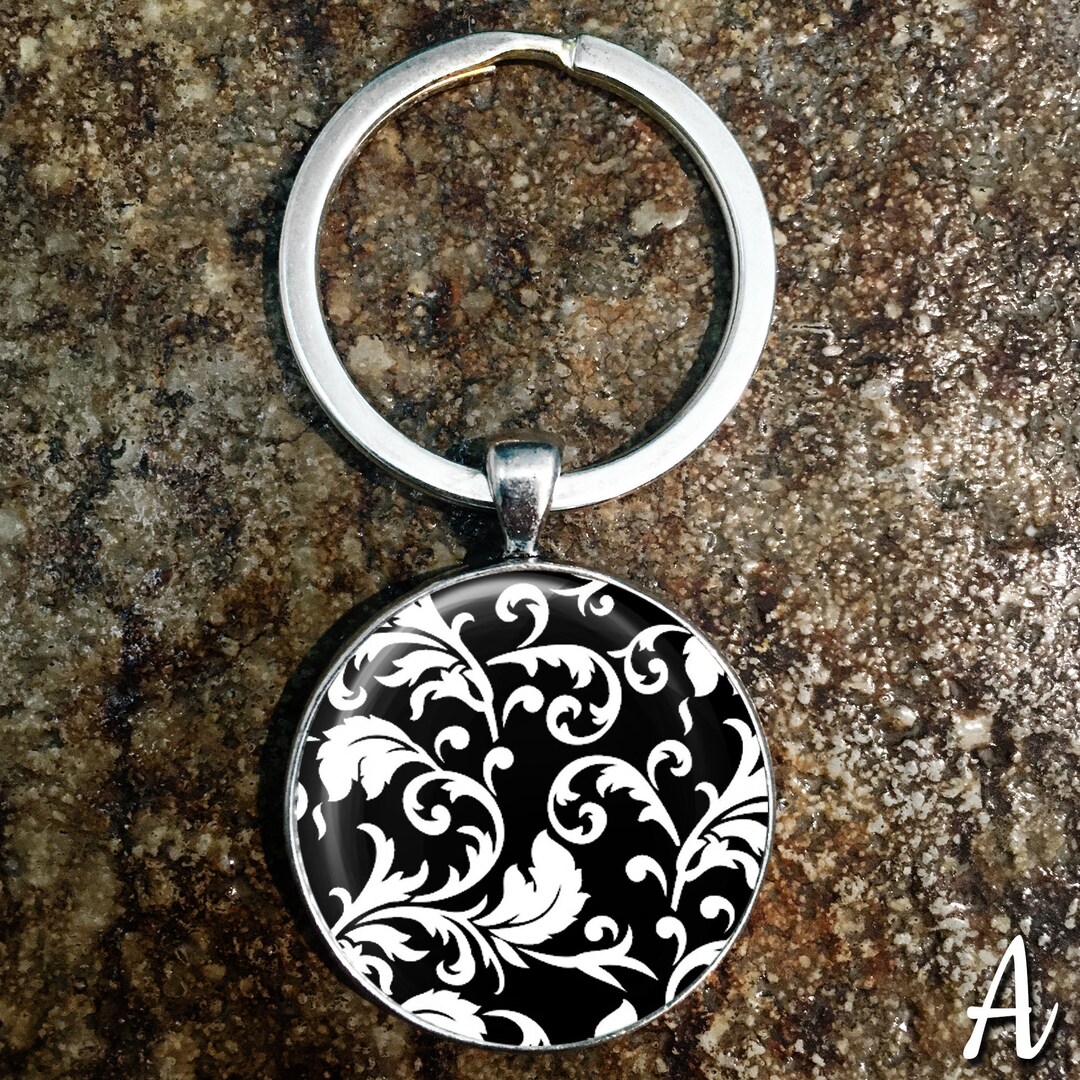 Black and White Key Ring, Patterned Key Ring, Floral Key Ring ...