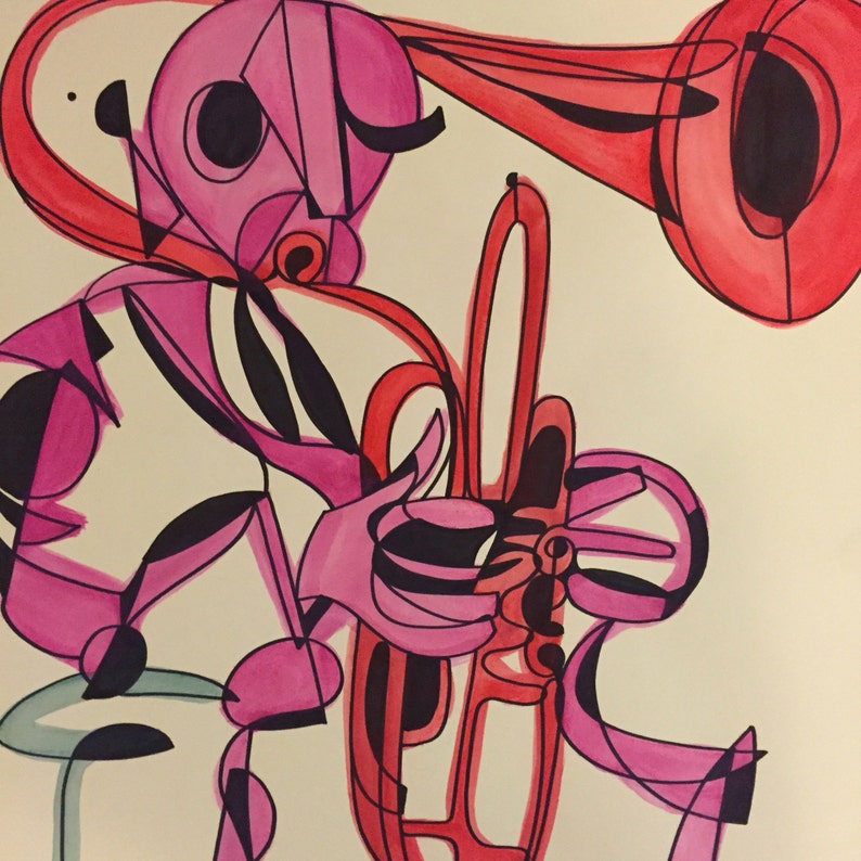 The Cimbasso Player ink and watercolor piece 18 x 24 | Etsy