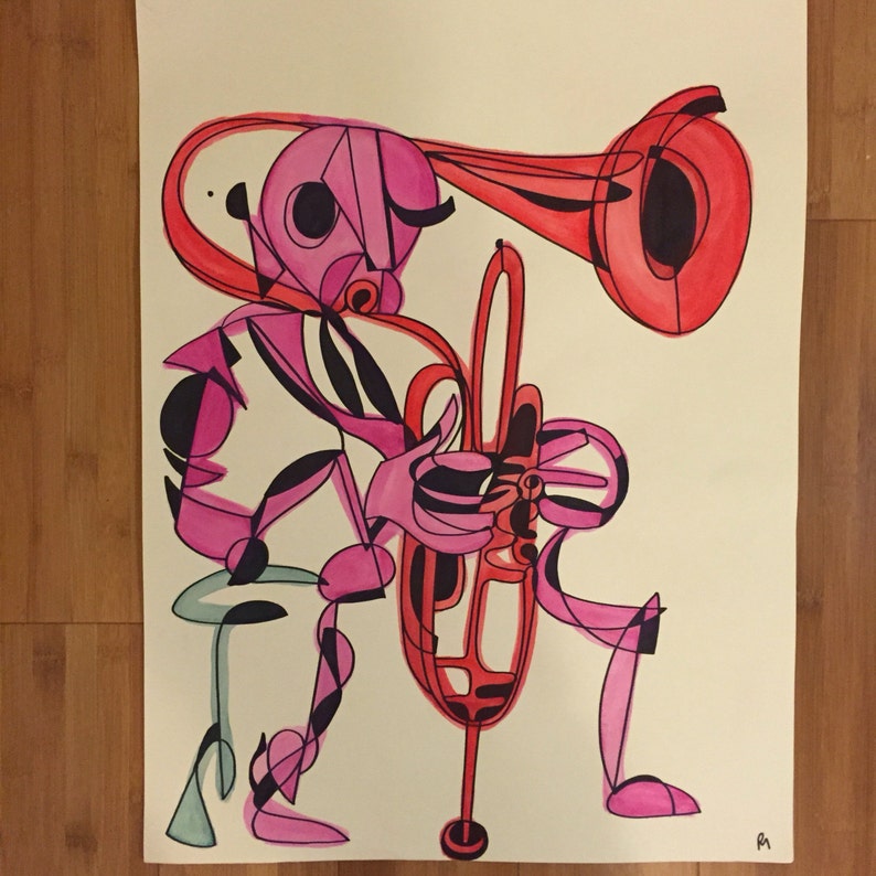 The Cimbasso Player ink and watercolor piece 18 x 24 | Etsy