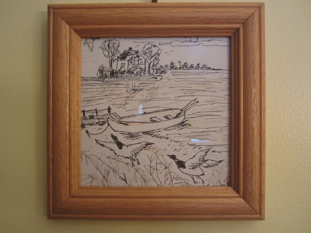 Framed Ink Drawing Landscape Beach or Lake Cottage With - Etsy