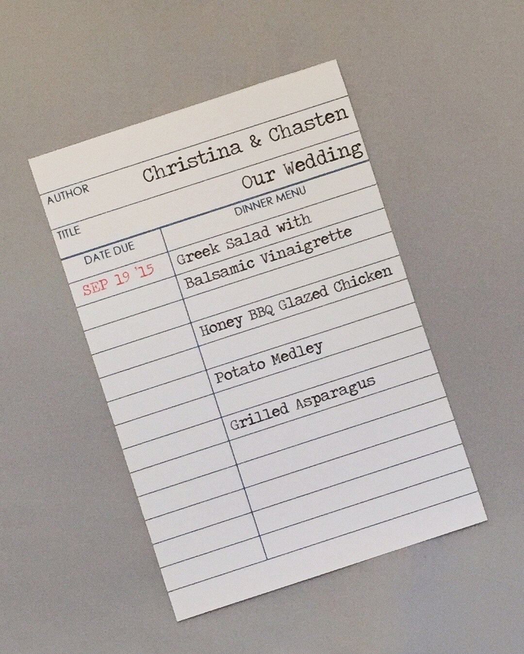 Library Wedding Date Due Checkout Card Menu Cards for Literary Wedding ...