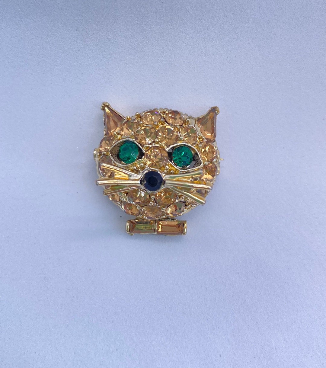 VINTAGE CAT FACE Gold Metal and Rhinestones Brooch - Etsy