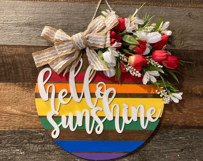 Hello Sunshine Rainbow Wooden Door Sign, Front Door Sign, Door Hanger ...