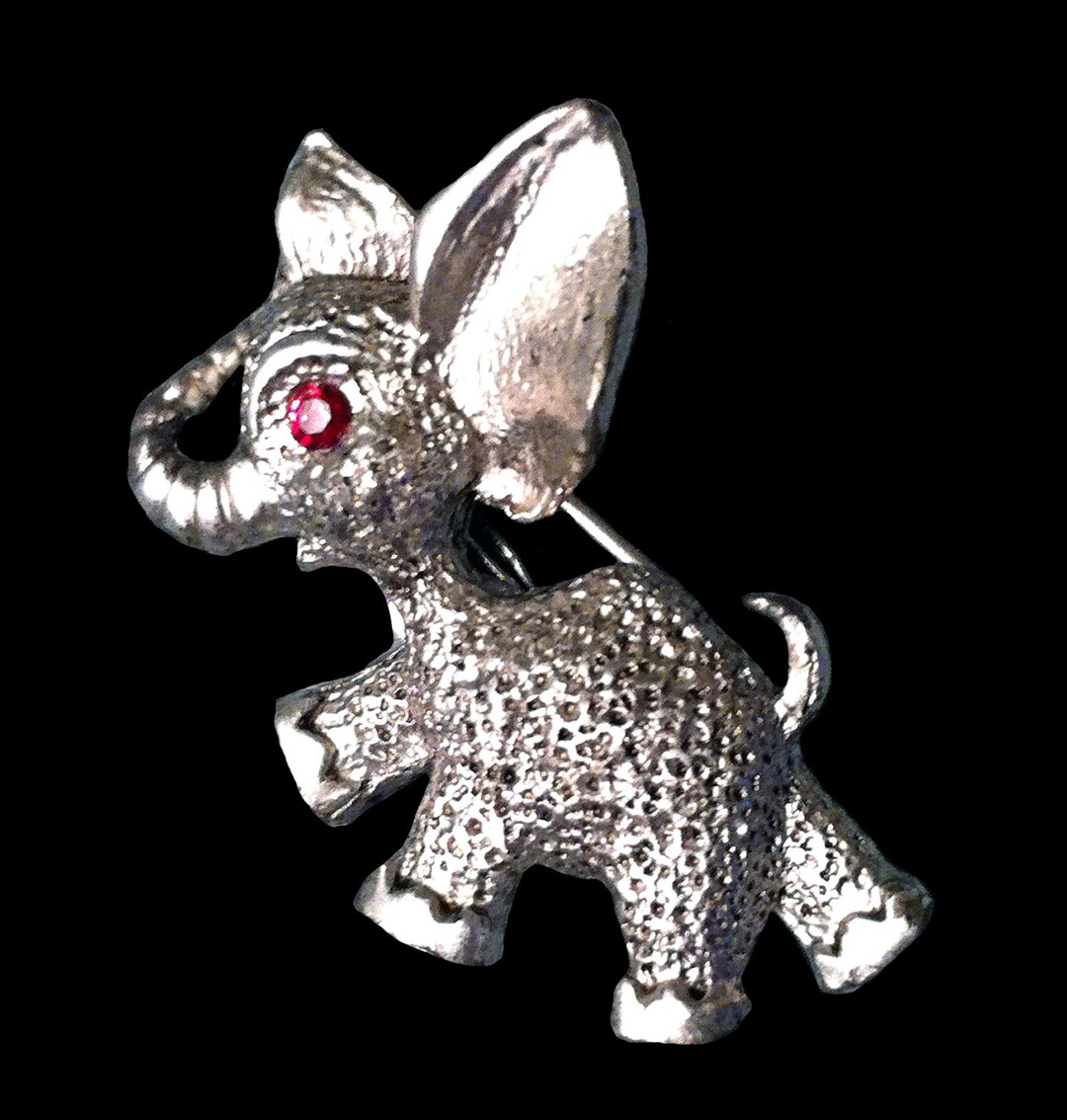 Vintage Silver Elephant Pin Brooch With Red Rhinestone Eye - Etsy