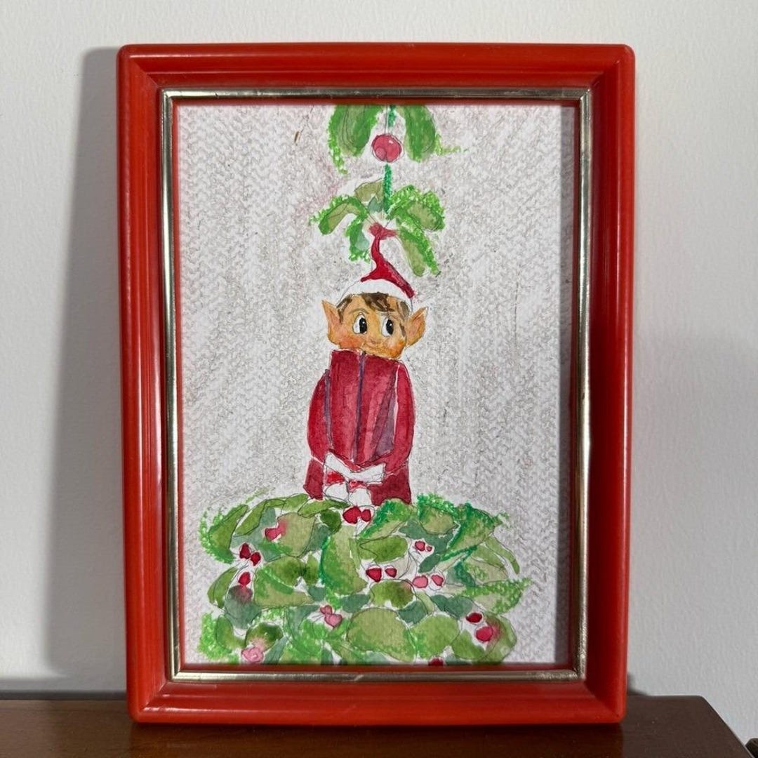 Retro Kitsch Elf on the Shelf Watercolor Mixed Media Artwork Vintage ...