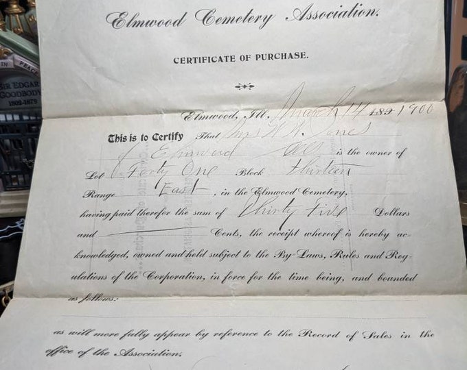 Burial Plot Certificate of Purchase for Elmwood Cemetery Association ...