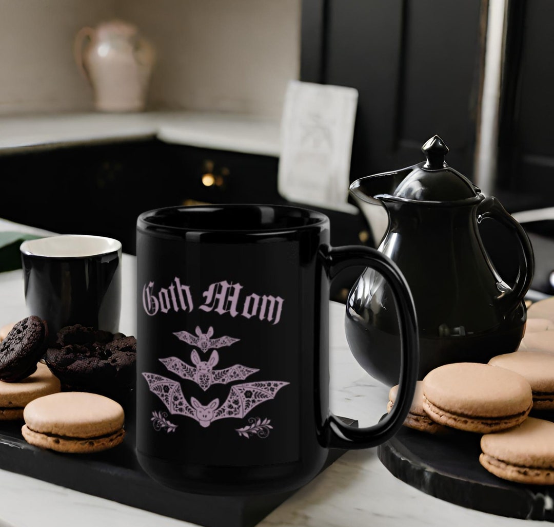 Goth Mom Coffee Tea Mug Bats Folk Art Family Black Glossy Mug | Momster ...