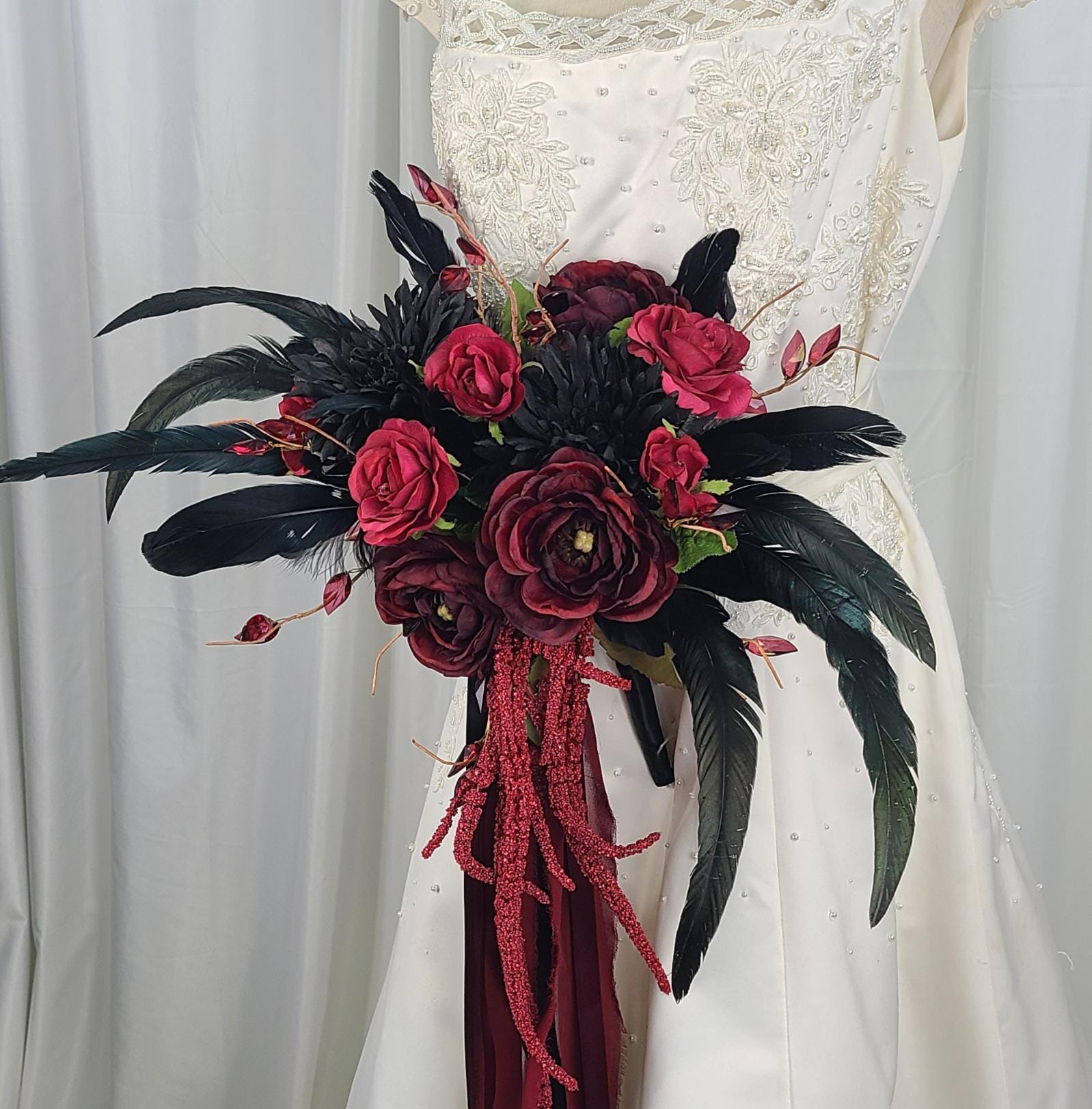 Burgundy Goth, Jewels and Ribbon Faux Silk Wedding Bouquet - Etsy