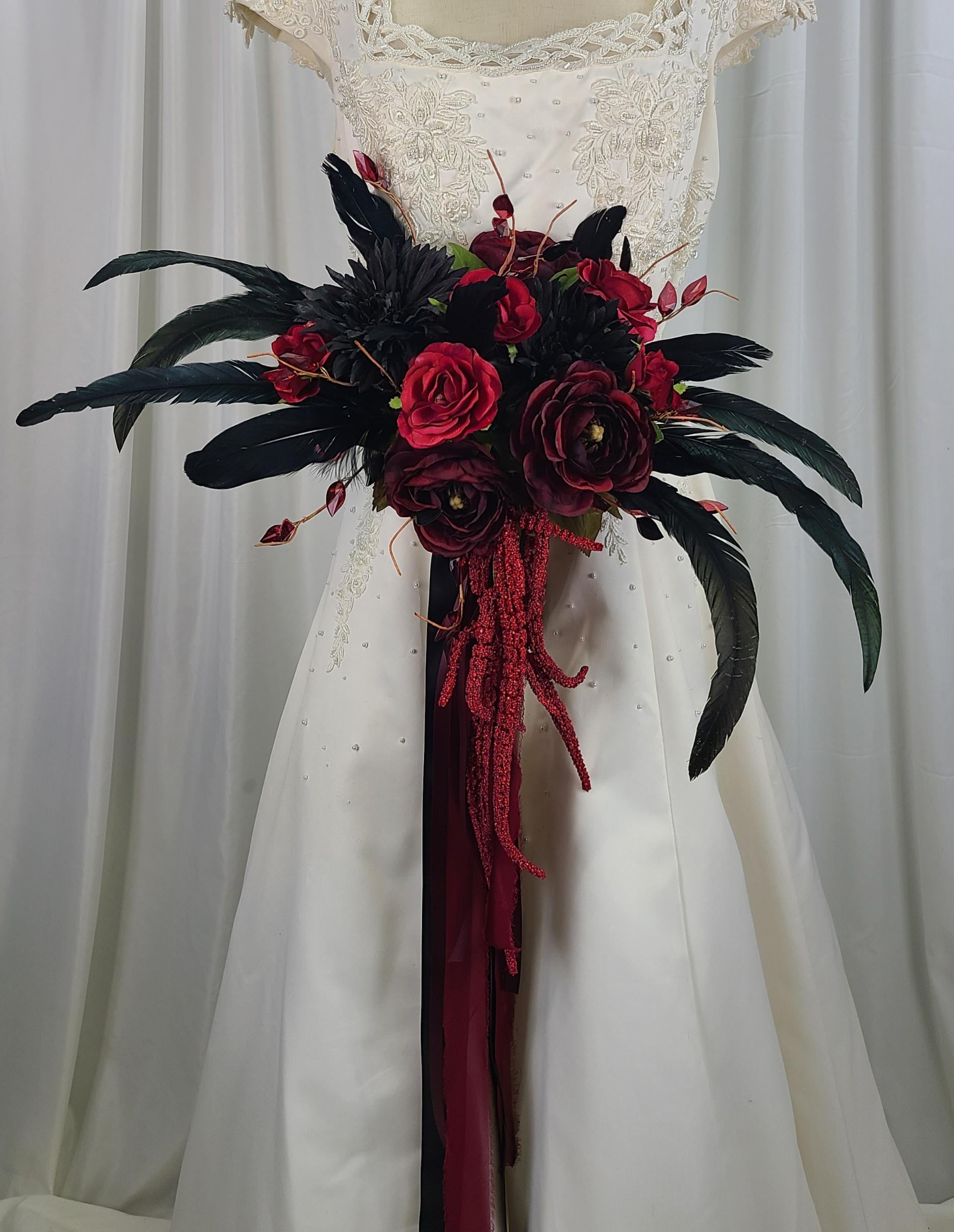 Burgundy Goth, Jewels and Ribbon Faux Silk Wedding Bouquet - Etsy