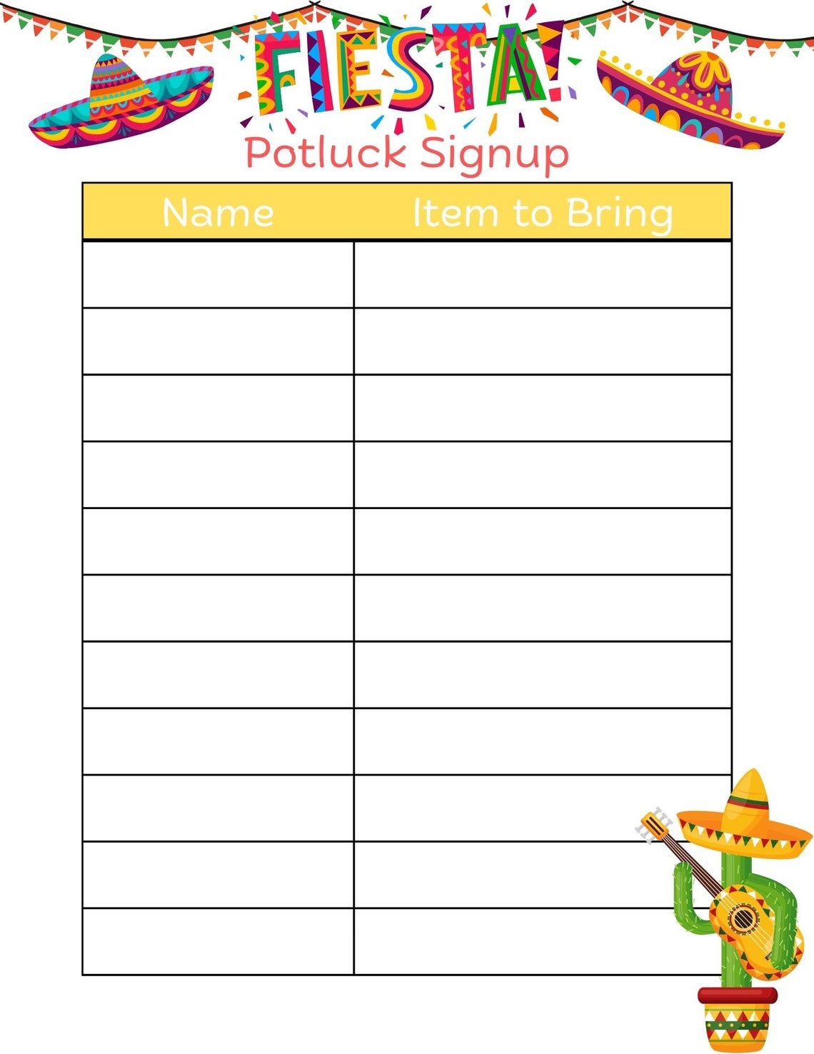 Potluck Signup Sheet Printable for Office Group Party | Fiesta Theme ...
