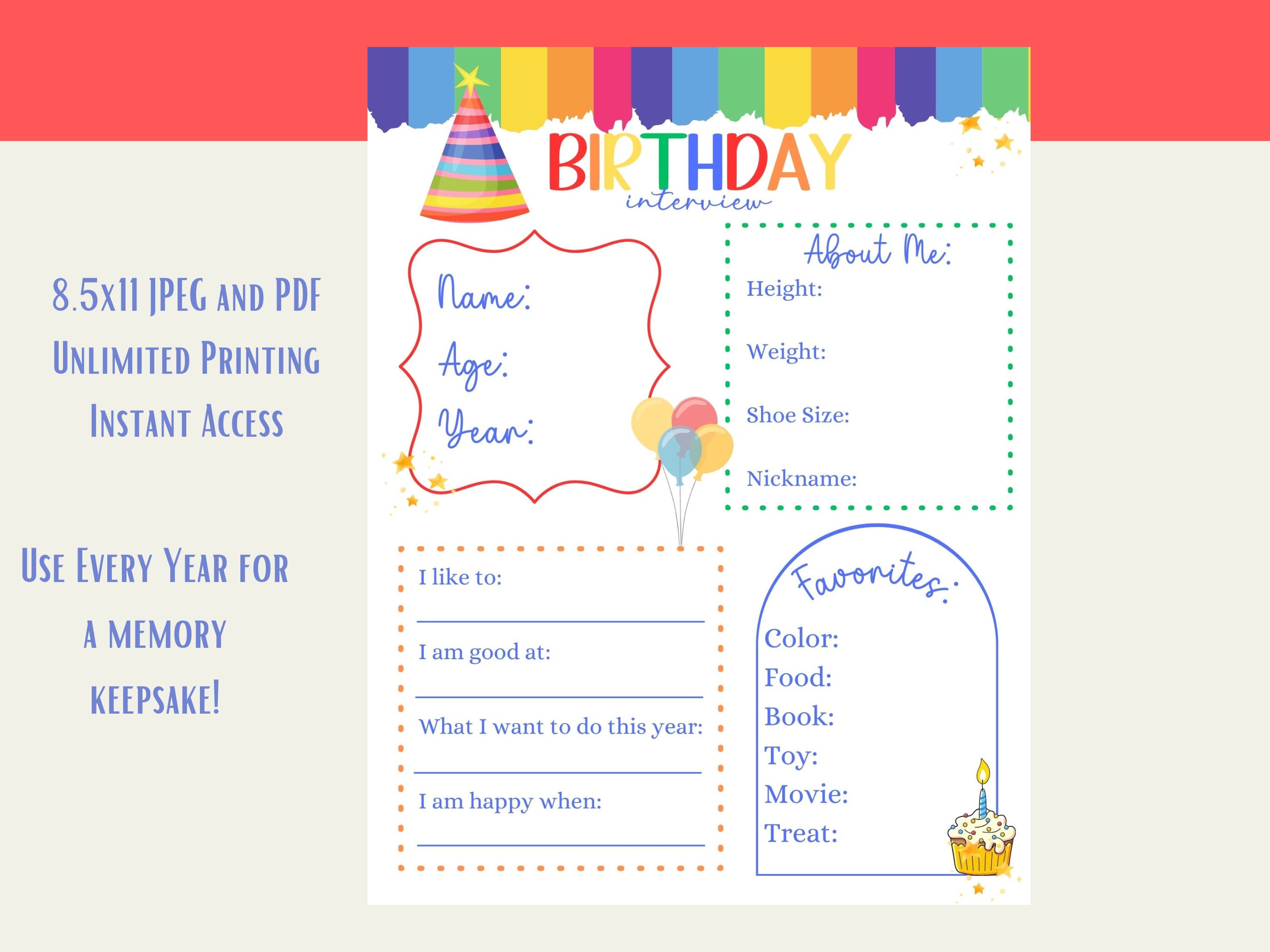 Kids Birthday Interview Printable: Yearly Memory Keepsake (PDF Download ...