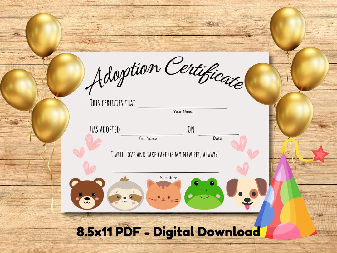 Pet Stuffie Party Adoption Certificate Printable, Animal Stuffy ...