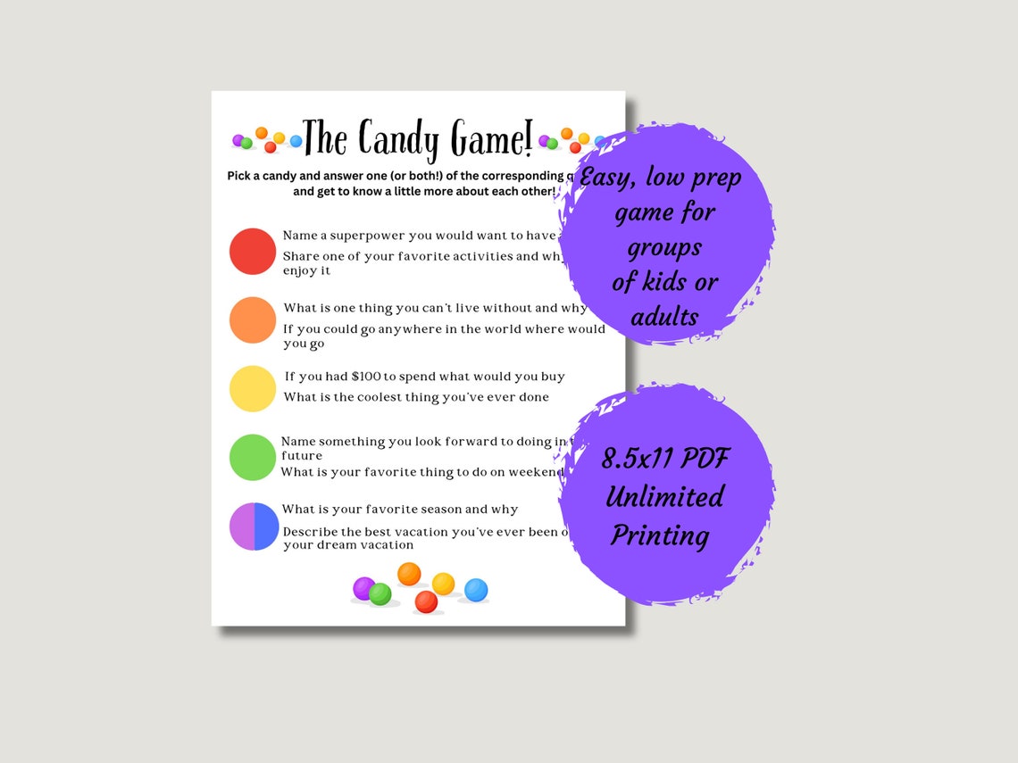 Group Ice Breaker Candy Game Printable Teen Adult Icebreaker Classroom ...