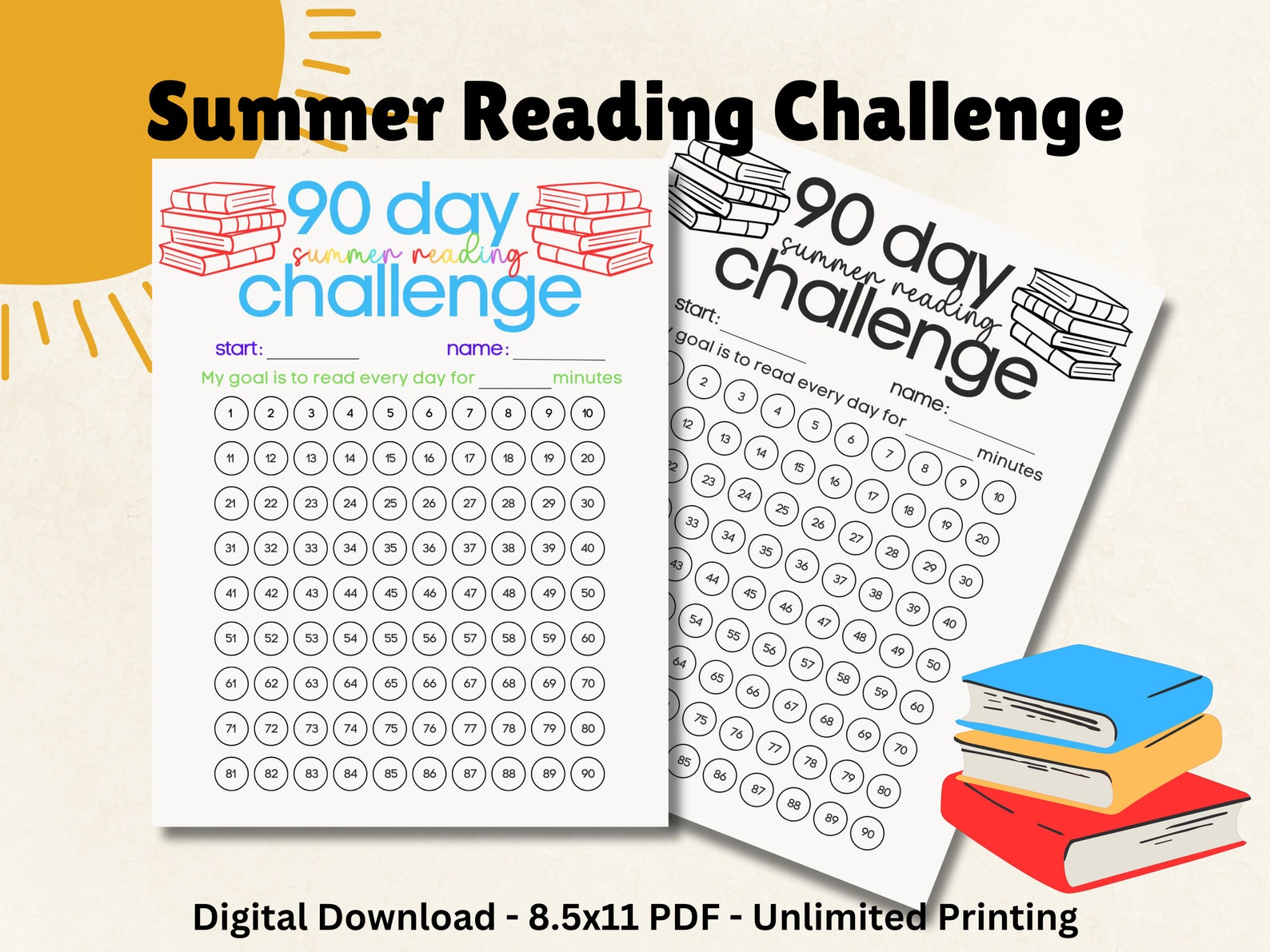Summer Reading Challenge Printable for Kids and Adults, 90 Day ...