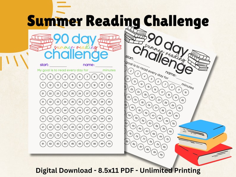 Summer Reading Challenge Printable for Kids and Adults, 90 Day ...