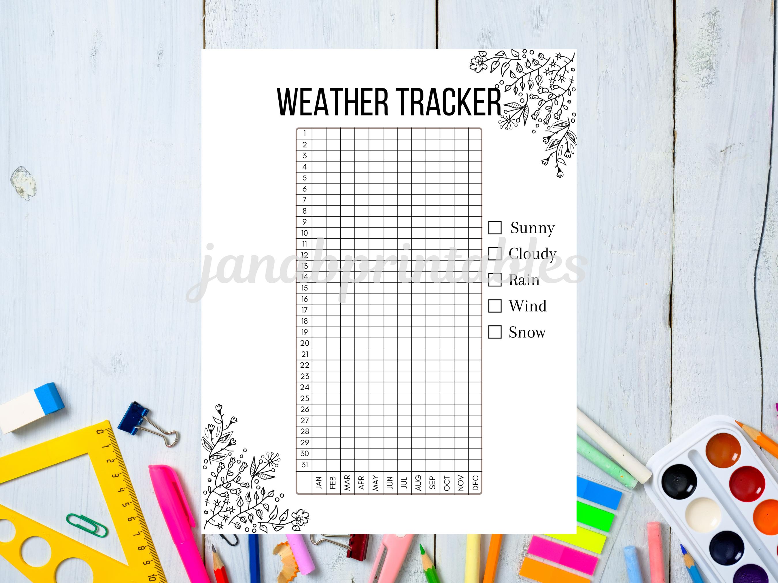 Daily Weather Tracker Chart Printable | New Year Weather Graph Weekly ...