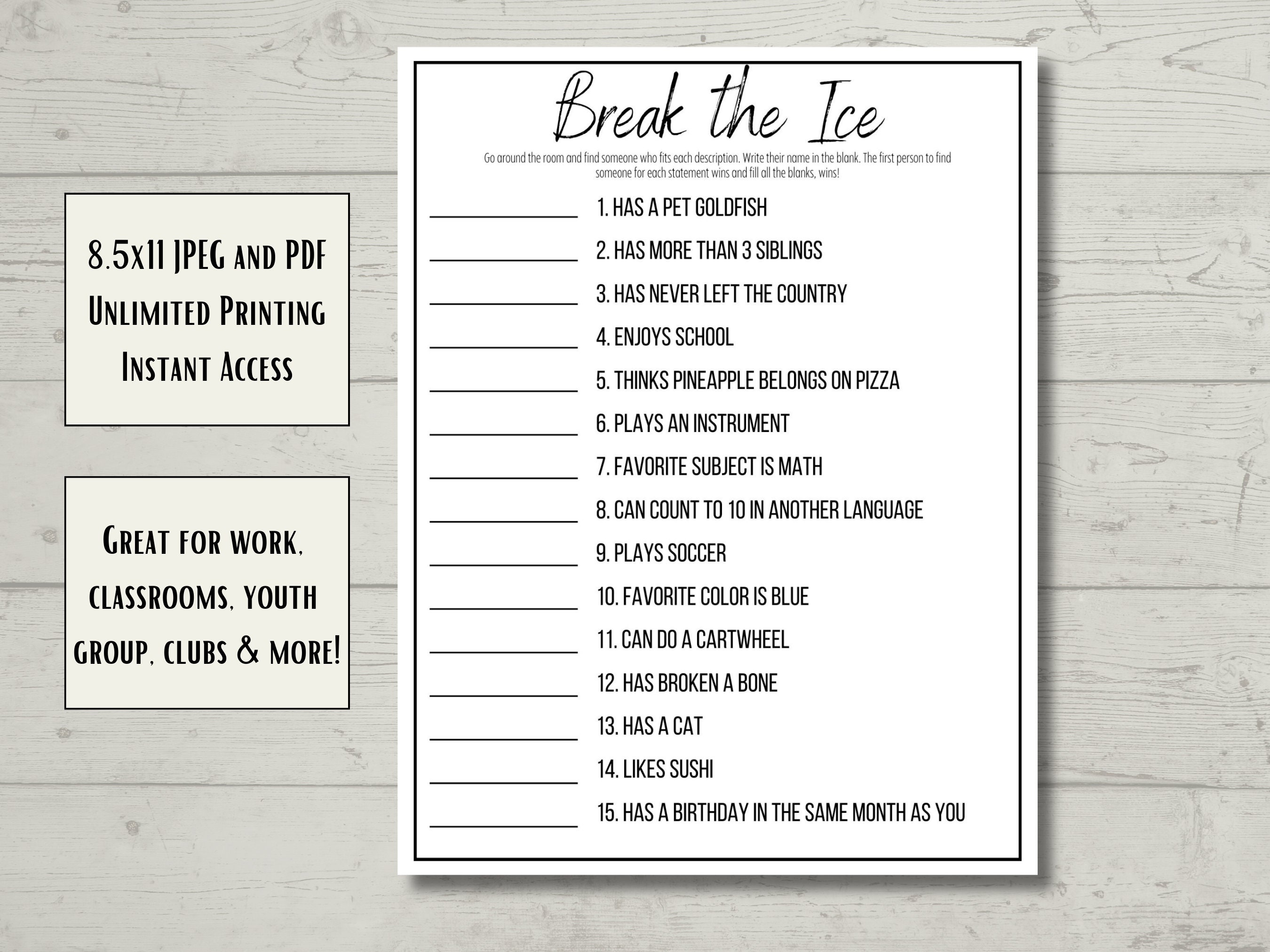 Ice Breaker Group Game Printable | Youth Group or Classroom Mixer or ...
