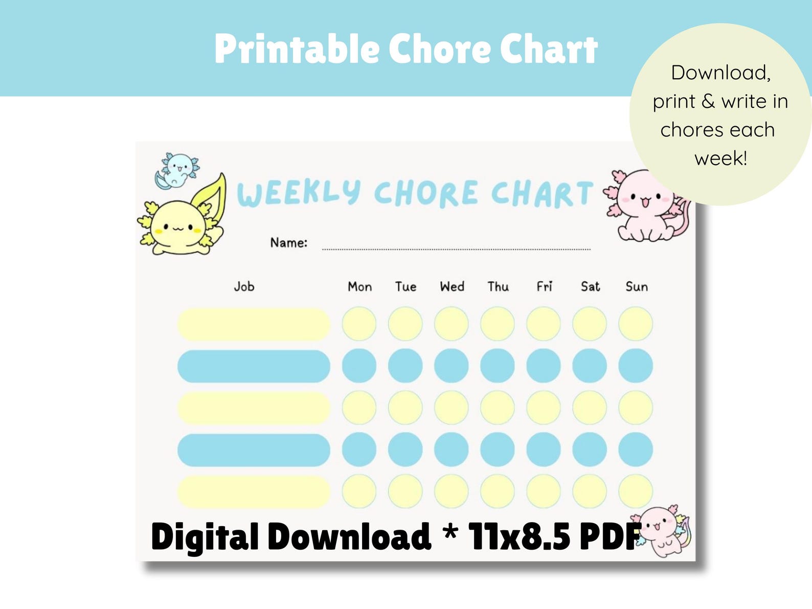 Axolotl Chore Chart Printable for Kids Boys & Girls Axolotl Weekly Job ...