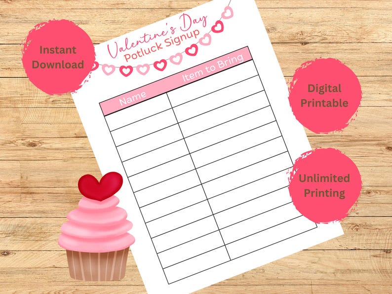 Valentine's Day Potluck Sign up Sheet Printable, Work Office Party ...
