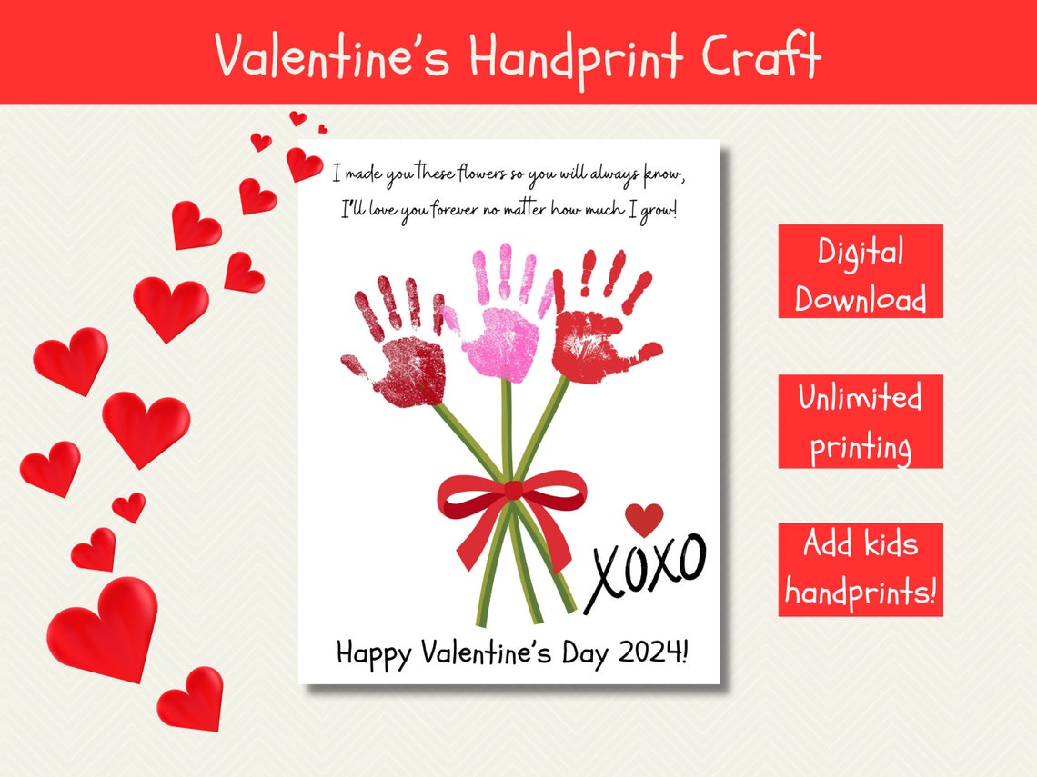 Kids Valentine's Day Handprint Craft Printable Bouquet Parent Gift ...
