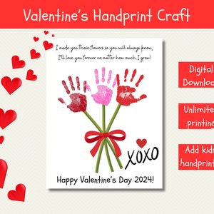 Kids Valentine's Day Handprint Craft Printable Bouquet Parent Gift ...