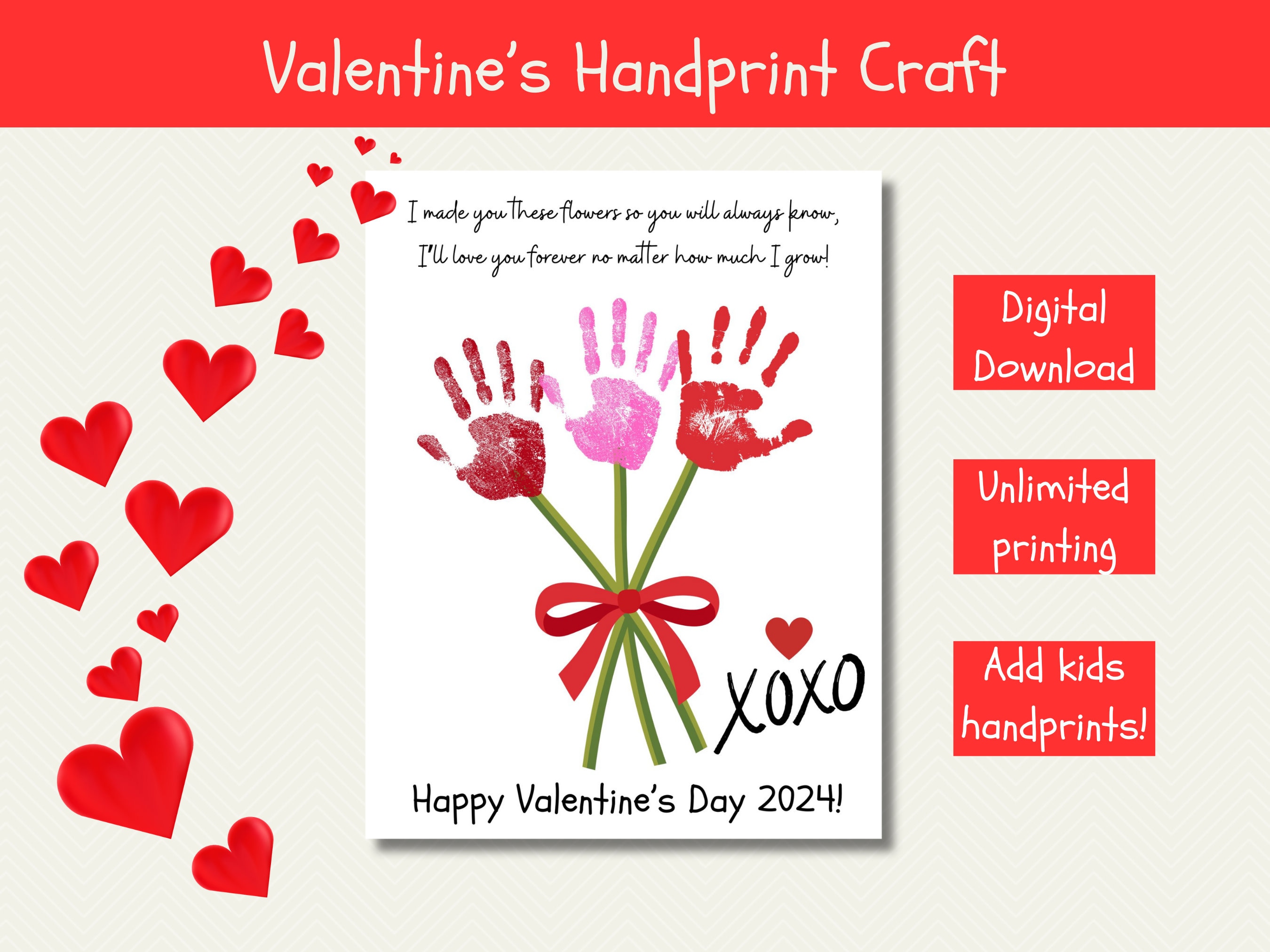 Kids Valentine's Day Handprint Craft Printable Bouquet Parent Gift ...