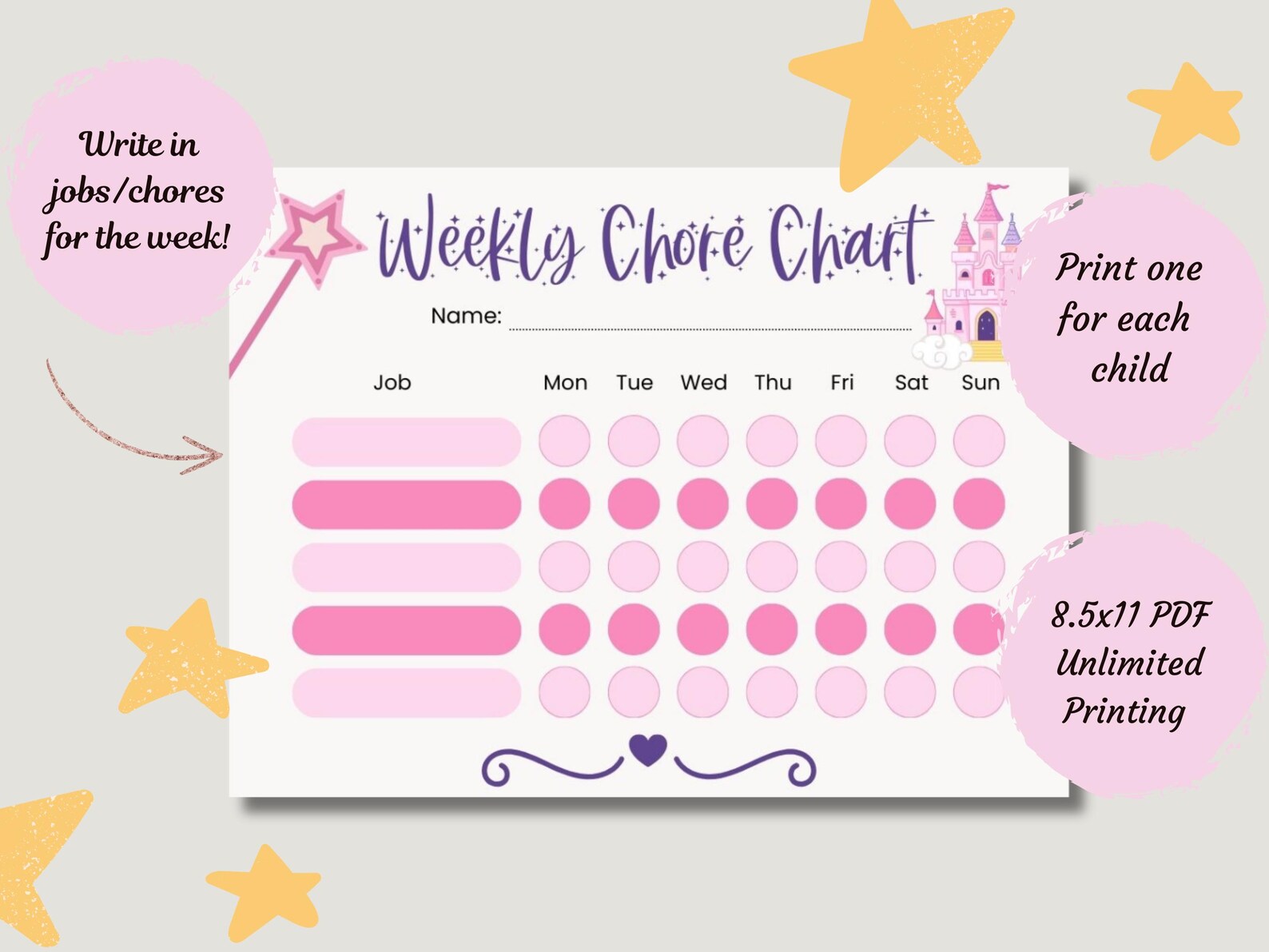 Princess Chore Chart Printable for Kids - Girls Pink Princess Weekly ...
