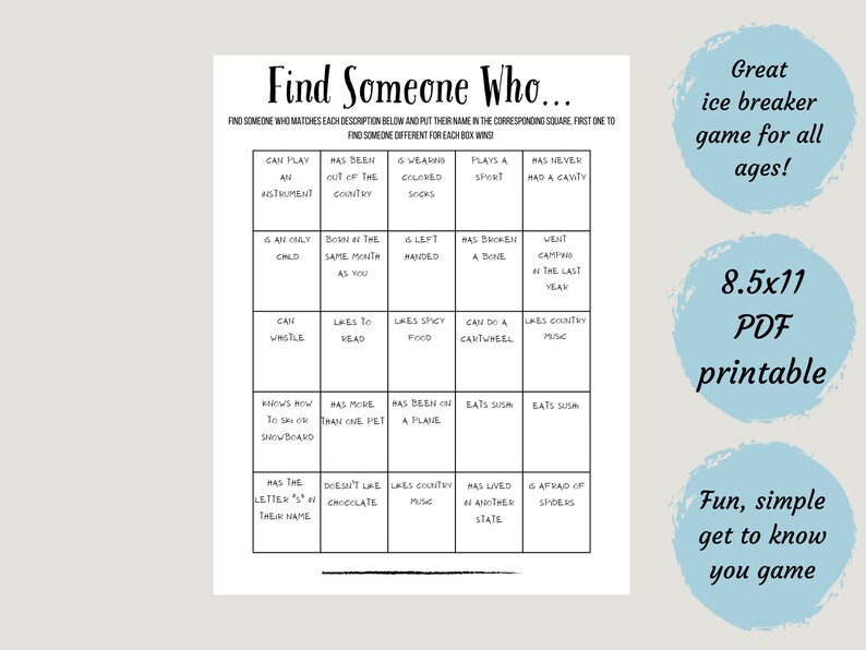 Ice Breaker Group Game Printable for All Ages Mixer or Team Building ...