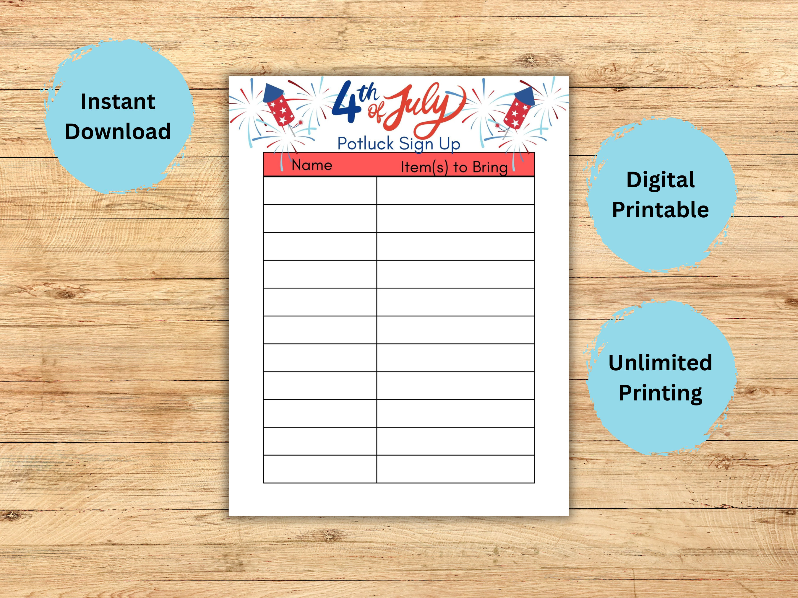 4th of July Potluck Signup Sheet Printable for Office Group Party or ...