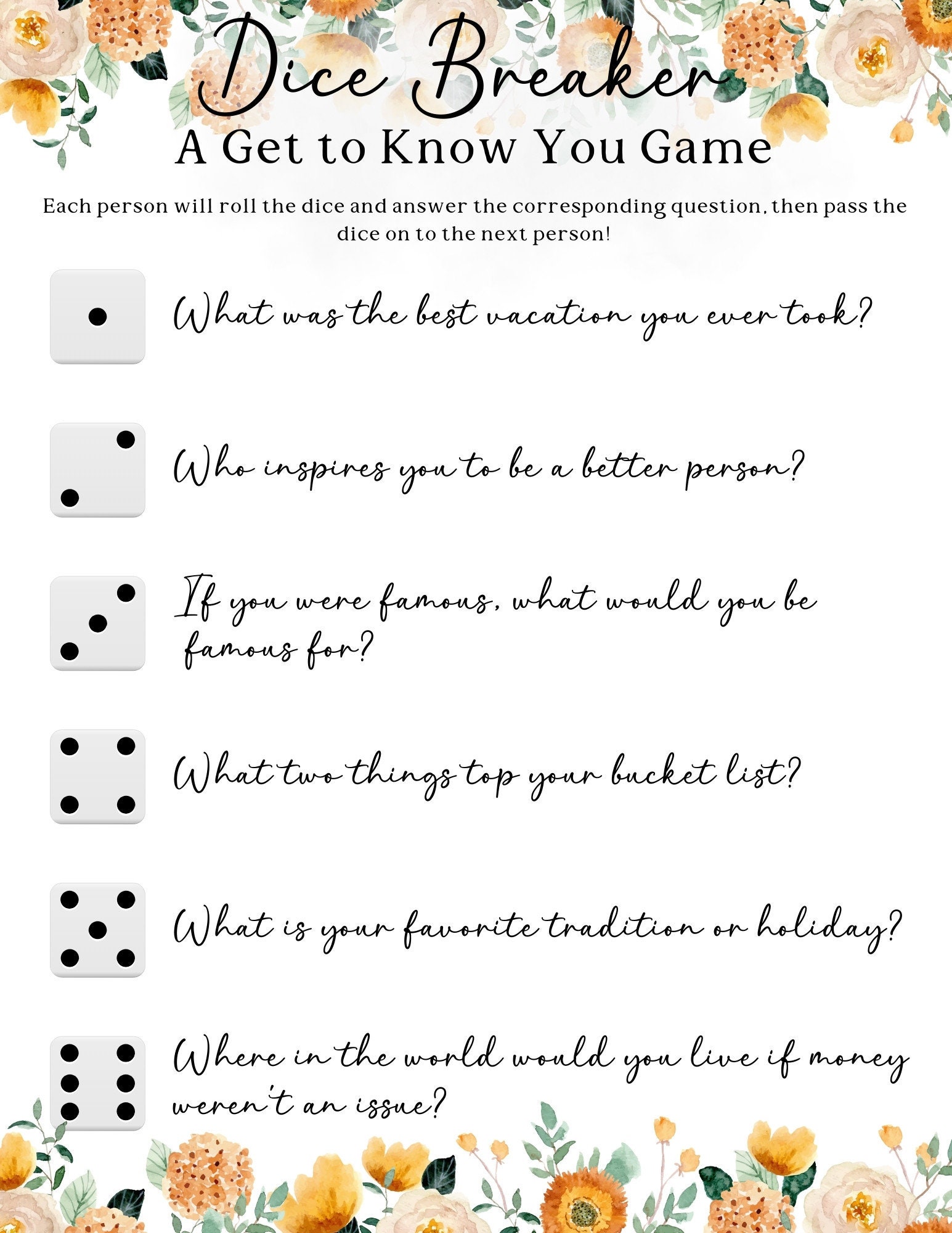 Ice Breaker Group Game Printable Womens Gathering Dicebreaker Activity ...
