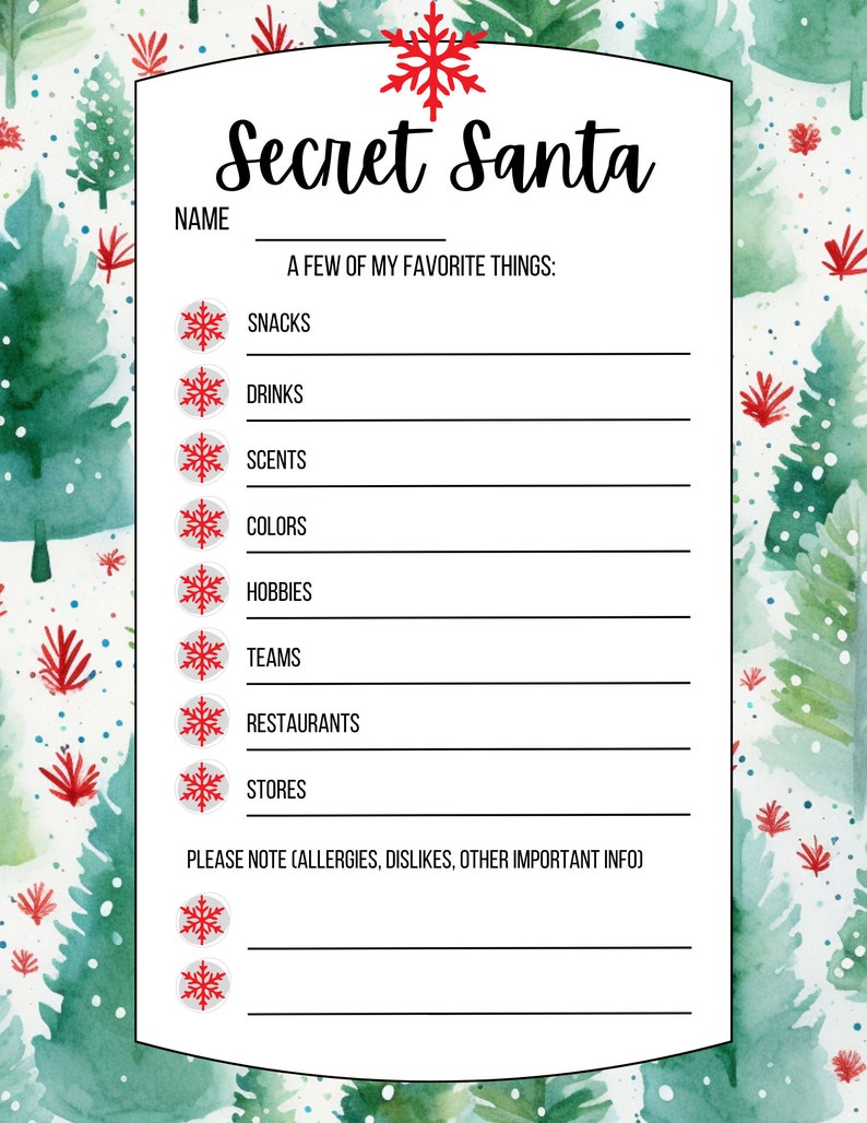 Secret Santa Gift Exchange Form - for Coworkers, Office, Family, or ...