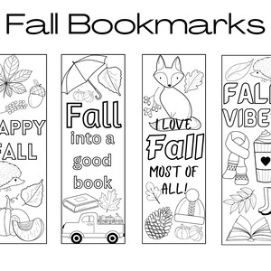 Printable Coloring Fall Bookmarks - Set of 4 Cute Bookmarks - Students ...