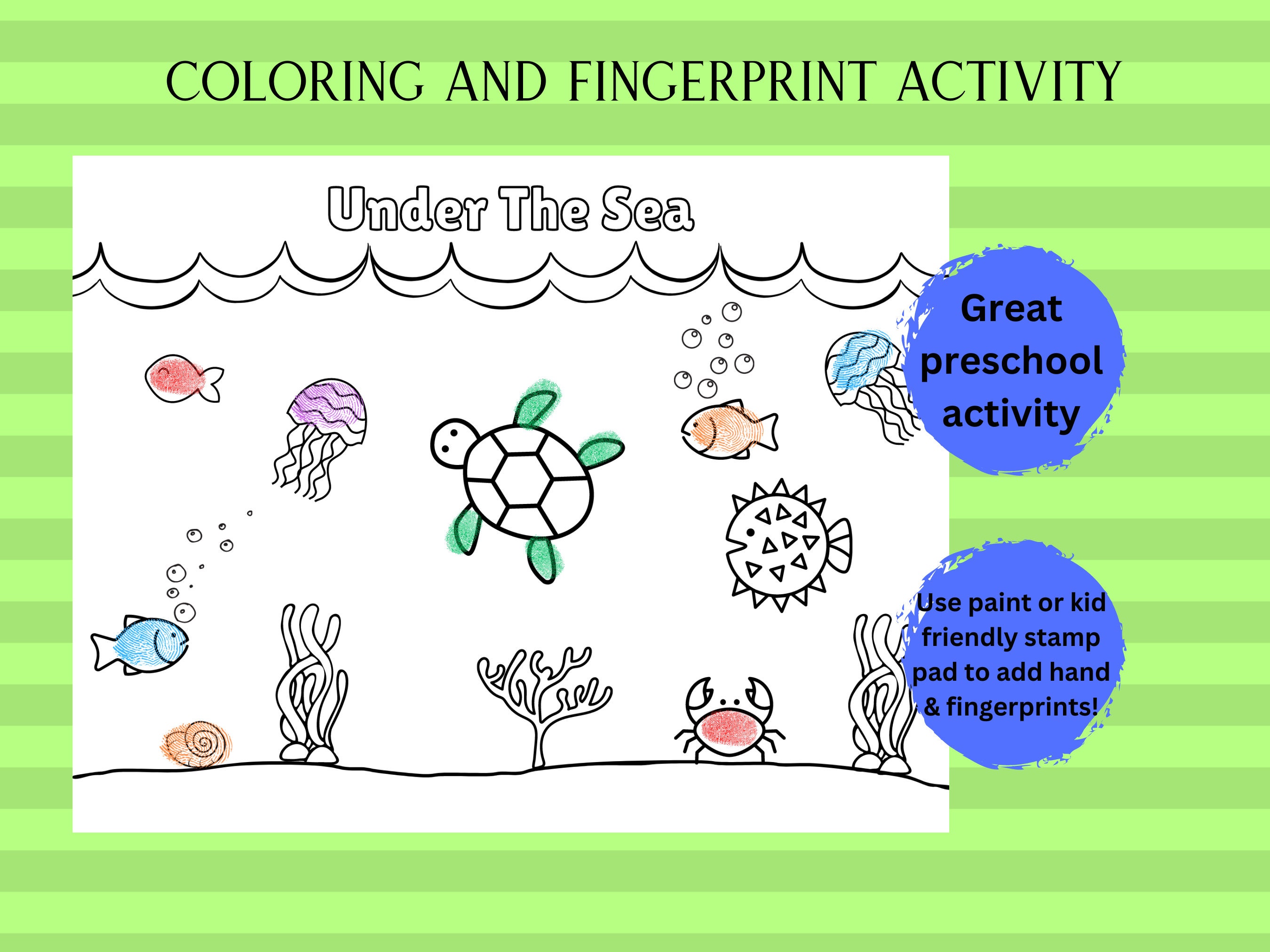 Kids Fingerprint Under the Sea Ocean Activity Printable for Preschool ...