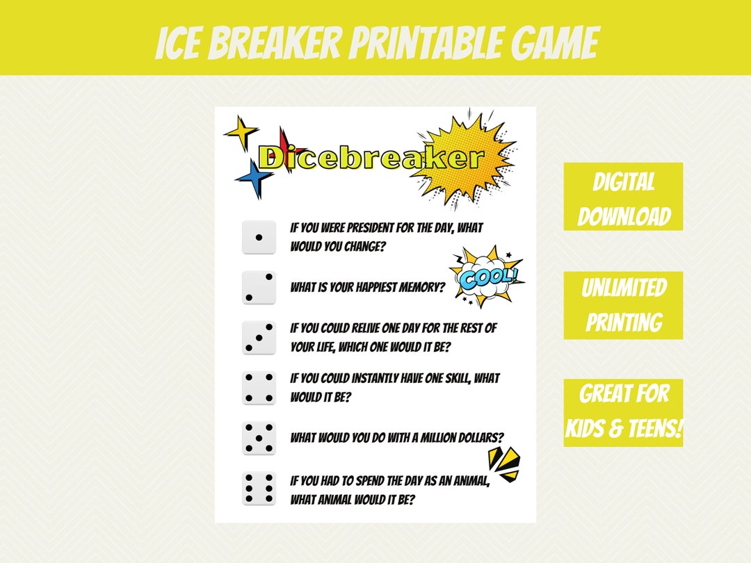 Dice Breaker Game Printable Youth Group Classroom Icebreaker Team ...