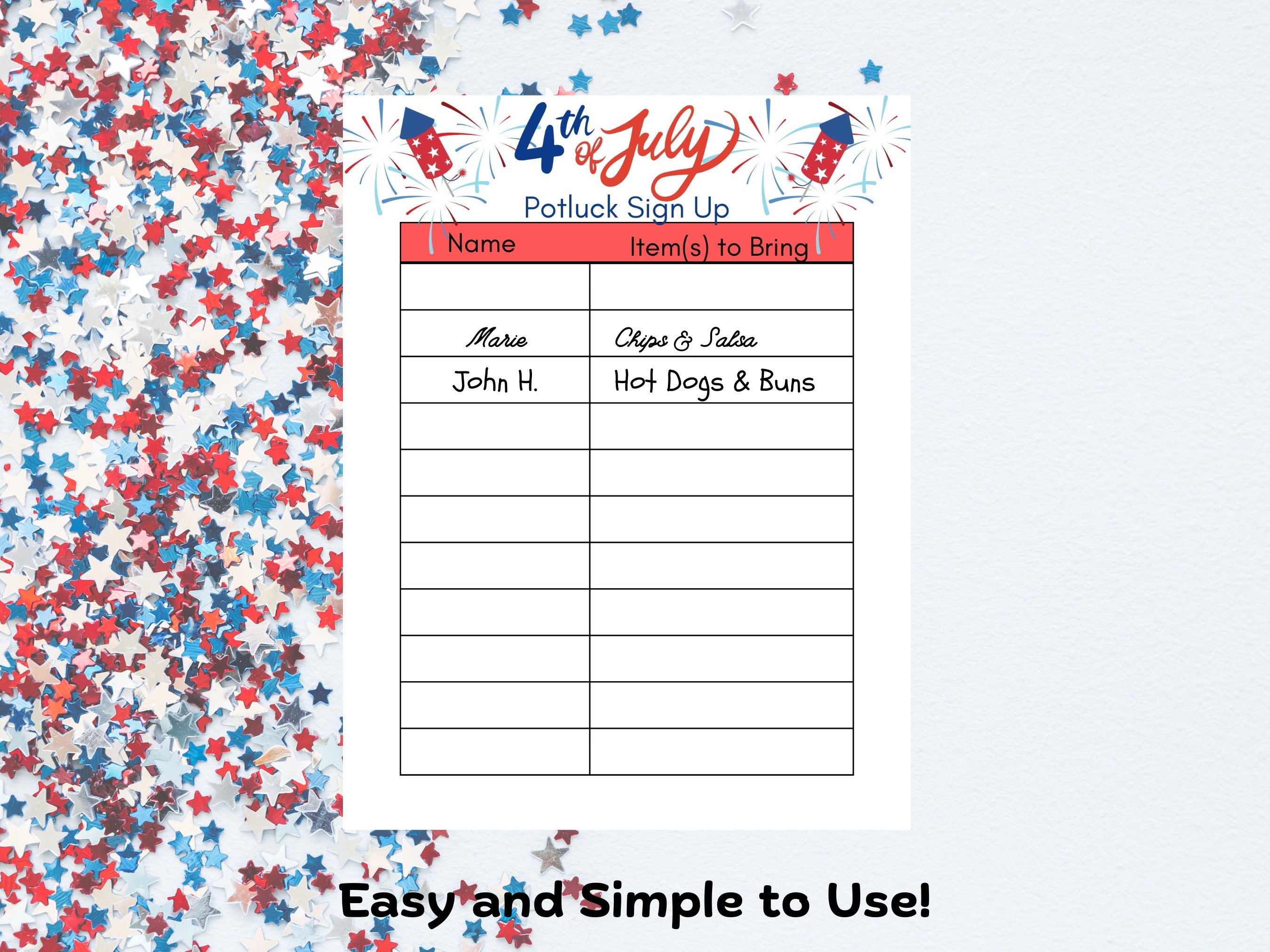 4th of July Potluck Signup Sheet Printable for Office Group Party or ...